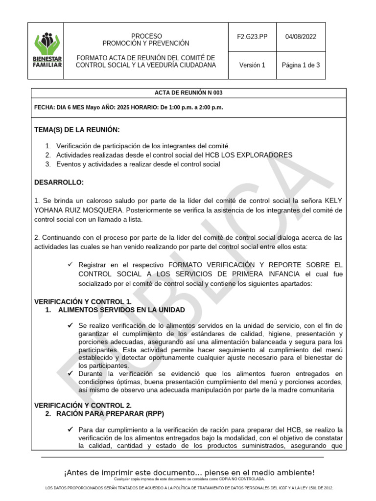 Acta Control Social - Mayo | PDF