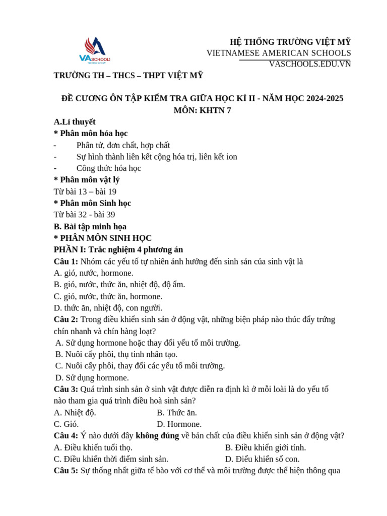 ĐỀ CƯƠNG KHTN 7 CUỐI HK2 24-25 | PDF