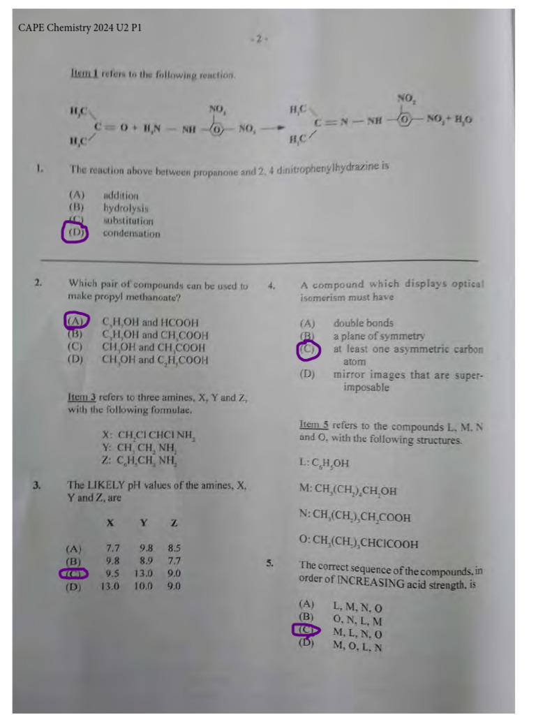 CAPE Chemistry 2024 U2 P1 Answers | PDF