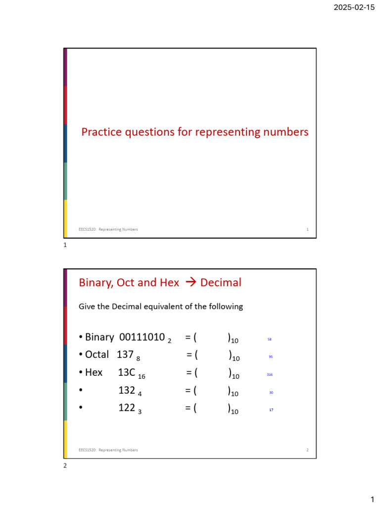 Practice Questions For Representing Numbers | PDF | Mathematical Notation | Computer Architecture