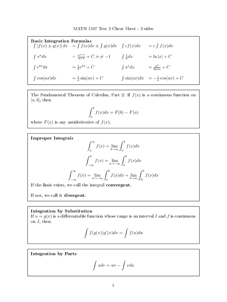 Test 2 Cheat Sheet | PDF | Integral | Functions And Mappings