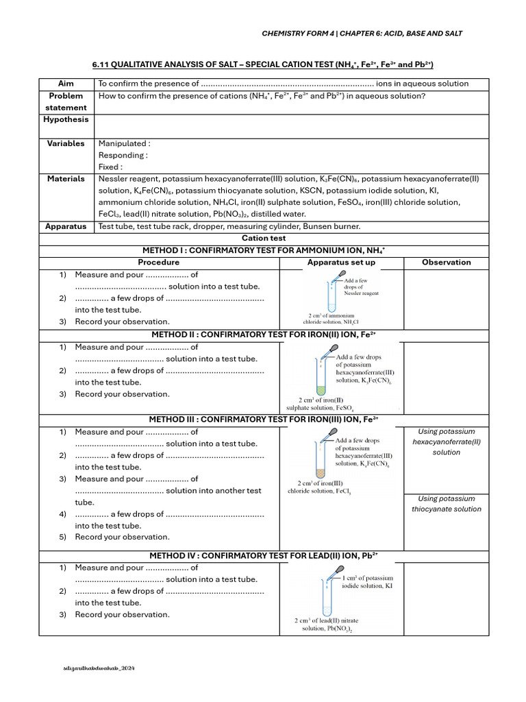 Experiment Special Cation Test | PDF | Ammonium | Atoms