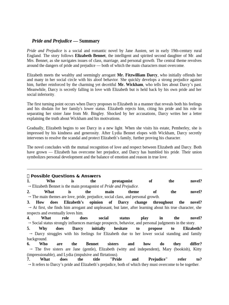 ? Pride and Prejudice - Summary | PDF | Mr. Darcy | Pride And Prejudice