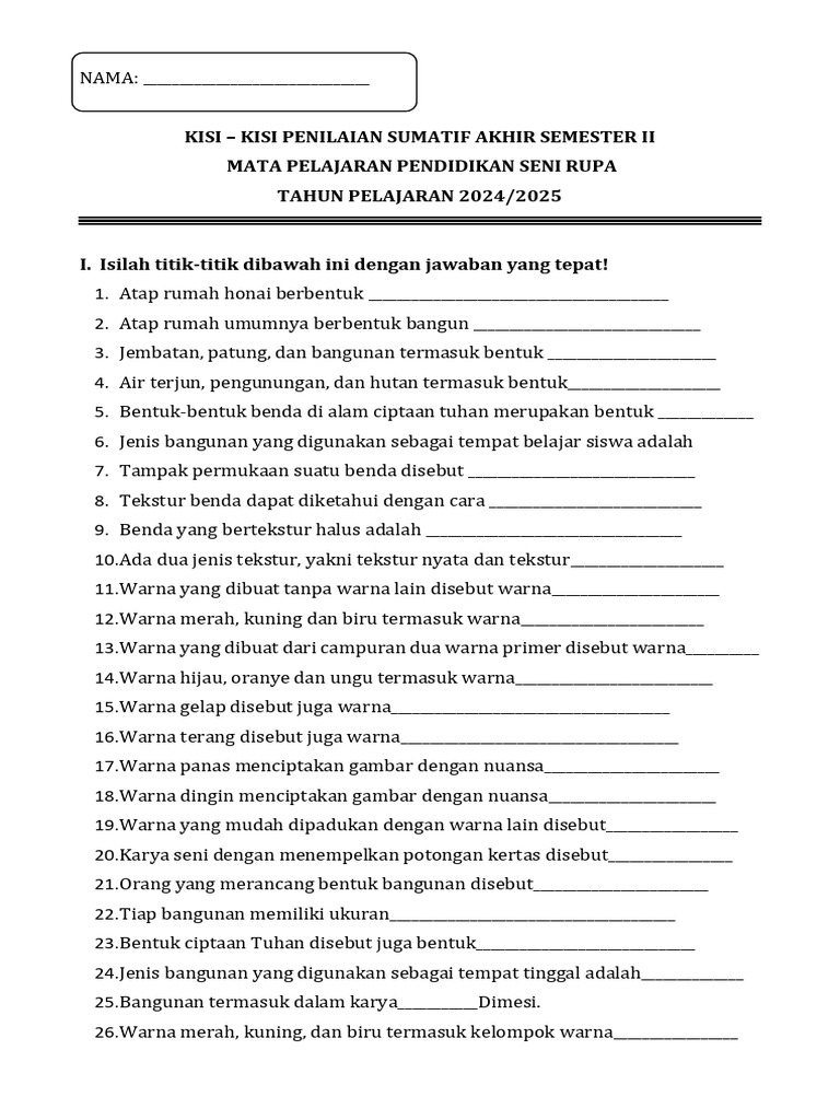 Kisi-Kisi Seni Rupa SMT 2 (Bu Sofa) | PDF