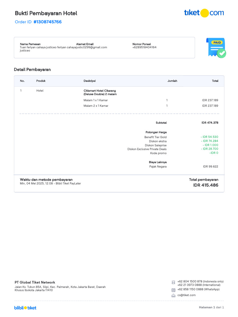 E Receipt Hotel ID 1308745766 - 250509 - 145148 | PDF