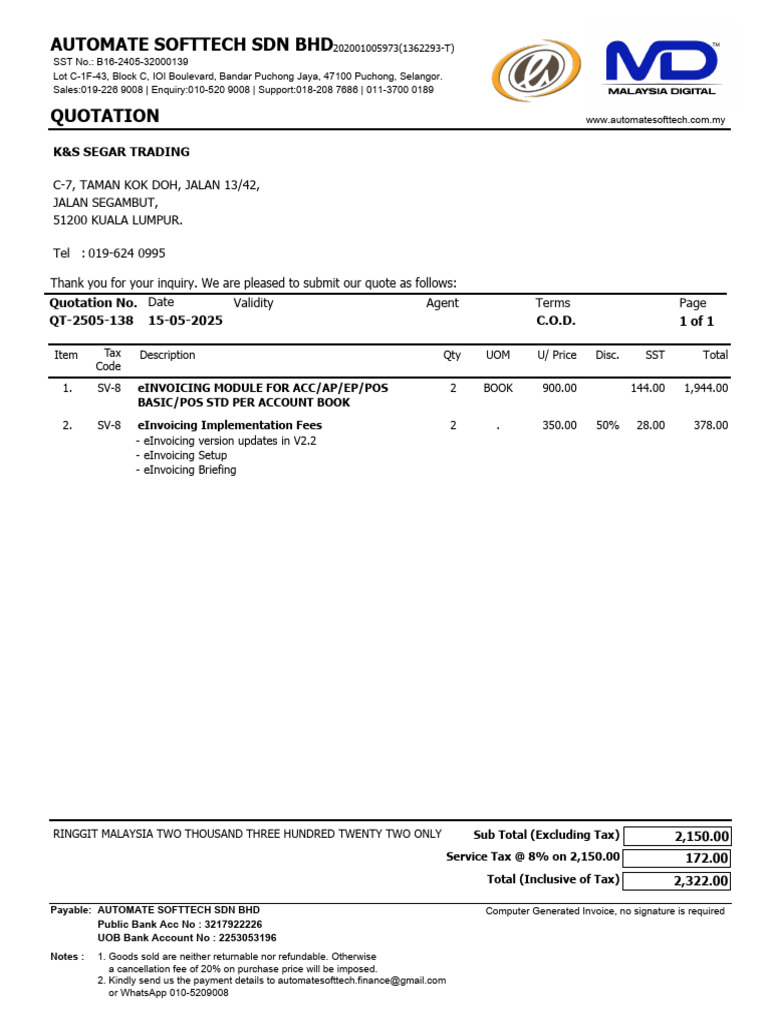 Automate Softtech SDN BHD: C-7, Taman Kok Doh, Jalan 13/42, Jalan Segambut, 51200 Kuala Lumpur ...