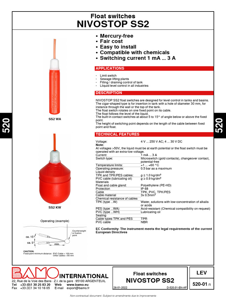 NIVOSTOP SS2 Float Switches Overview | PDF | Liquids | Switch