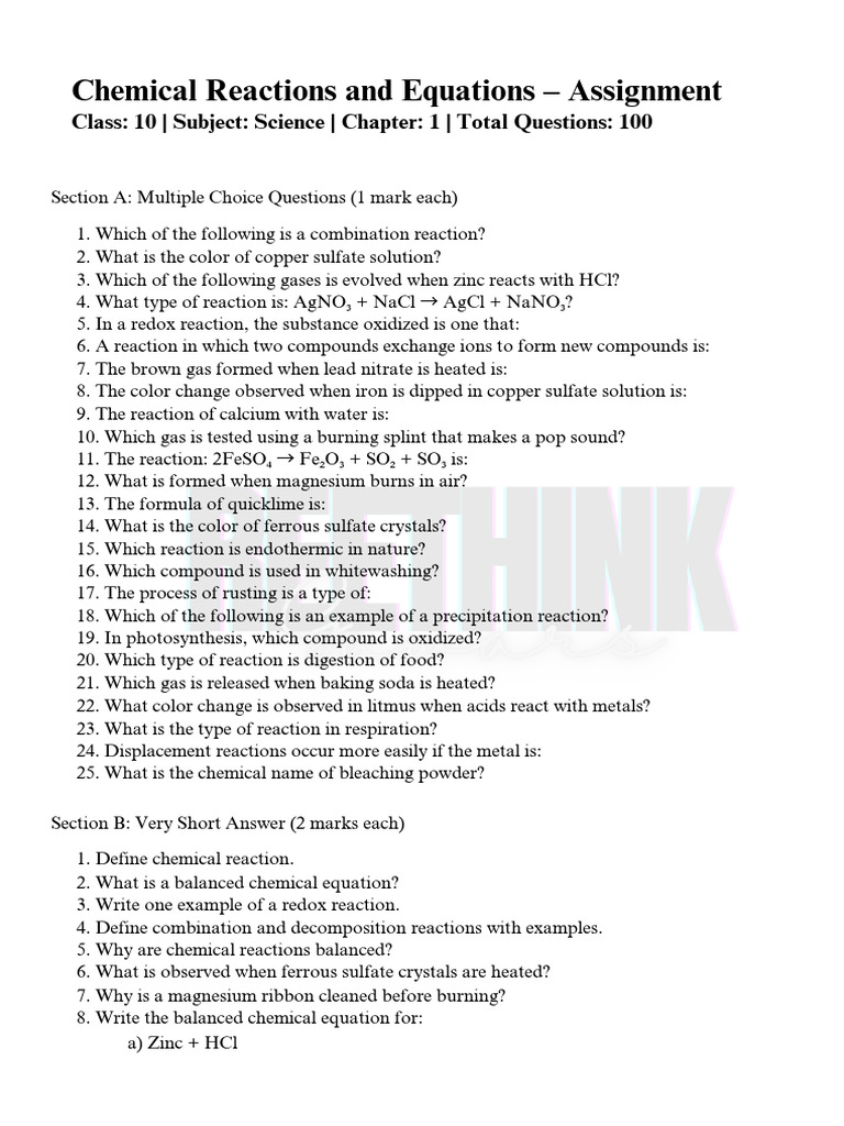 Chemical Reactions and Equations Quiz | PDF | Chemical Reactions | Redox