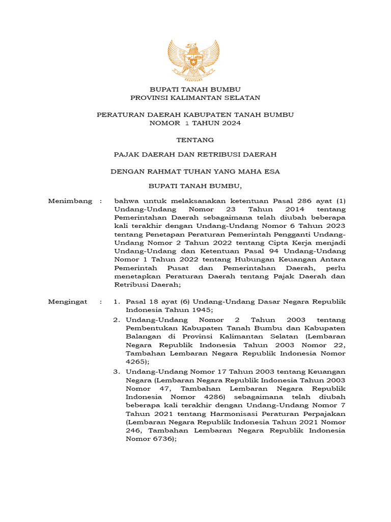 Perda No.1 Tahun 2024 Pajak Daerah Dan Retribusi Daerah | PDF