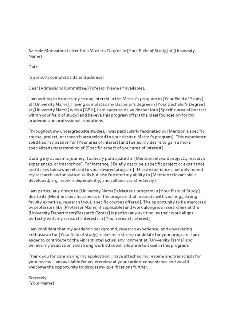 PDF Format of Sample of Motivation Letter For Master's Degree | PDF ...