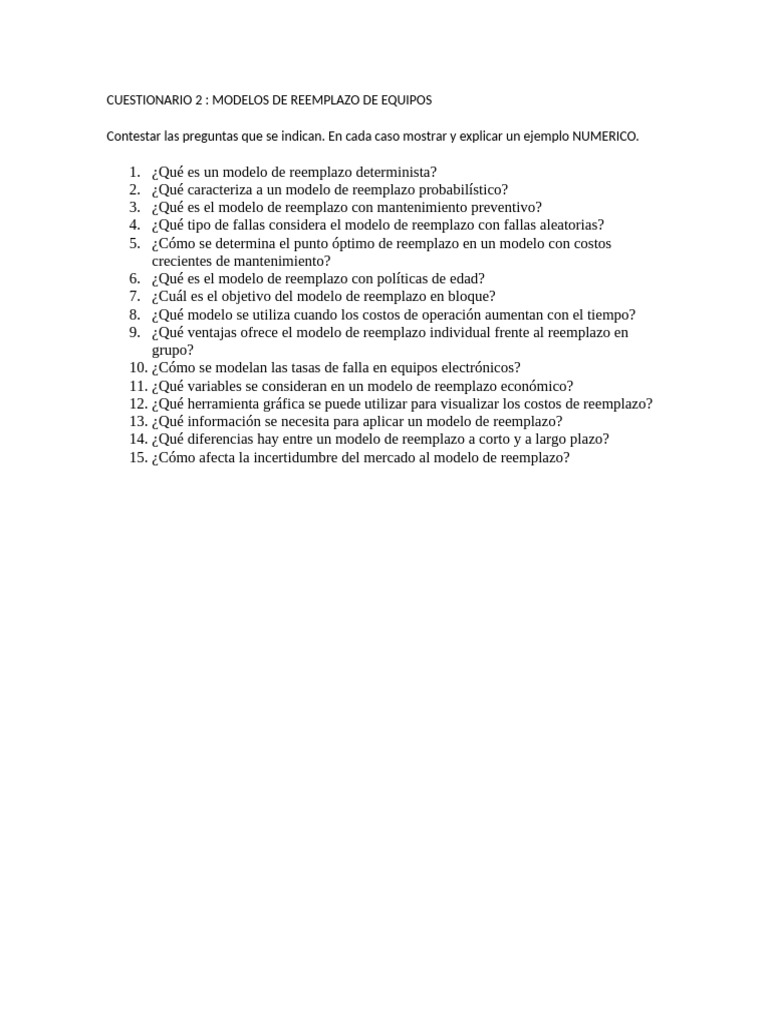 Modelos de Reemplazo de Equipos - Cuestionario | PDF