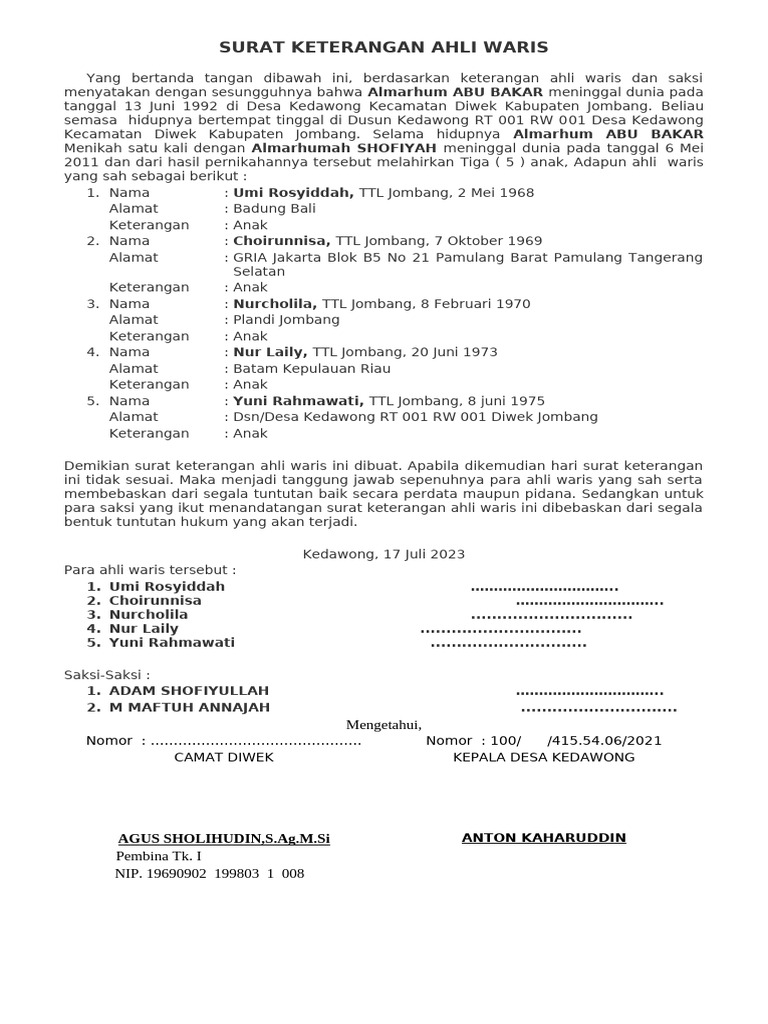 Surat Keterangan Ahli Waris ABU BAKAR | PDF