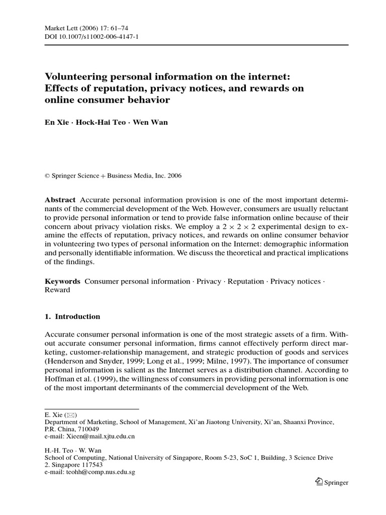Volunteering Personal Information On The Internet Effects of Reputation ...