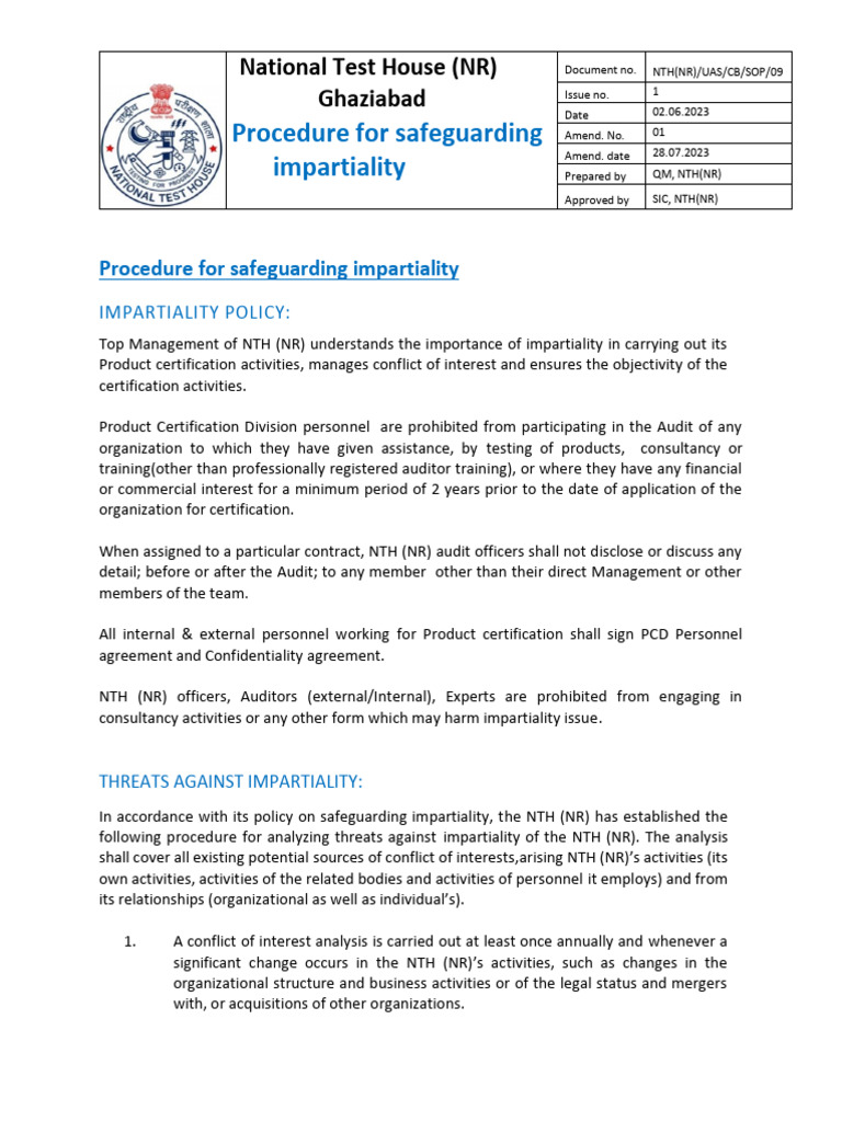 Procedure For Safeguarding Impartiality: National Test House (NR ...