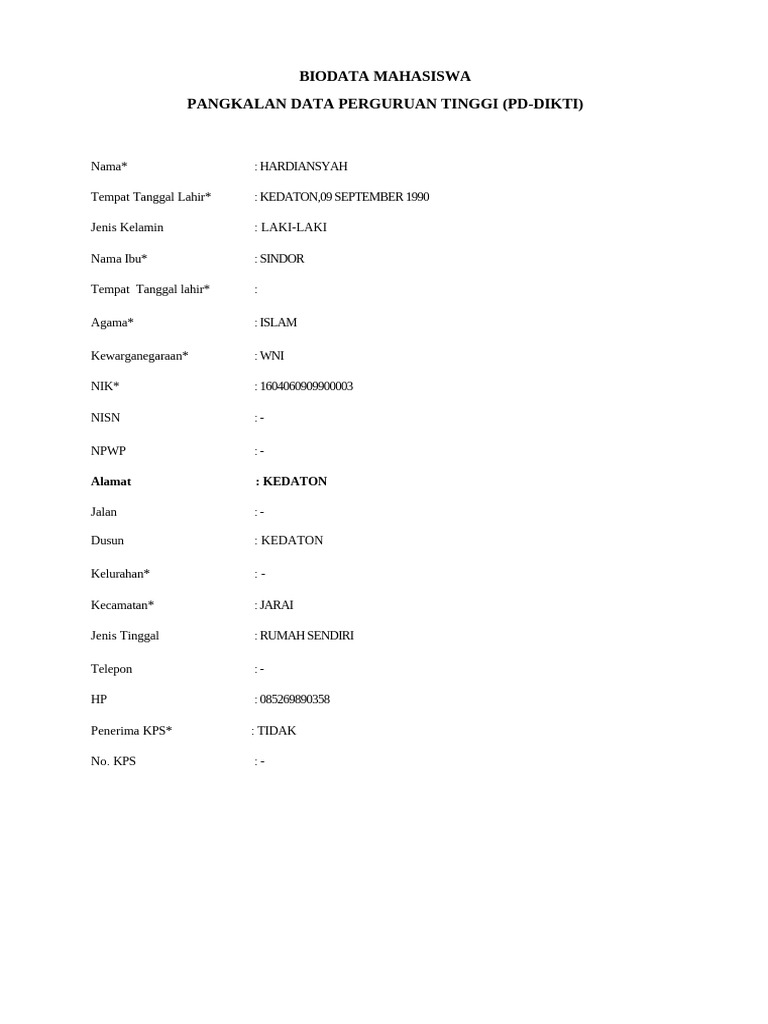 Format Biodata Diri PPDIKTI HARDI | PDF