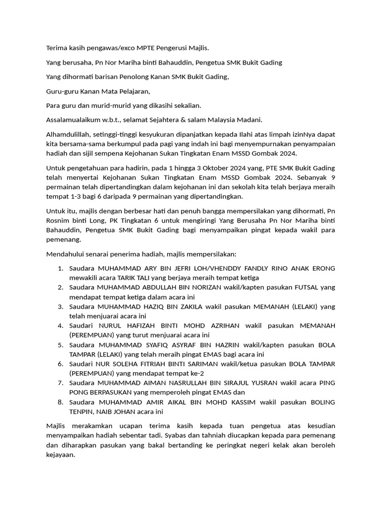 Skrip Penyampaian Hadiah SUKNAM MSSD 2024 | PDF