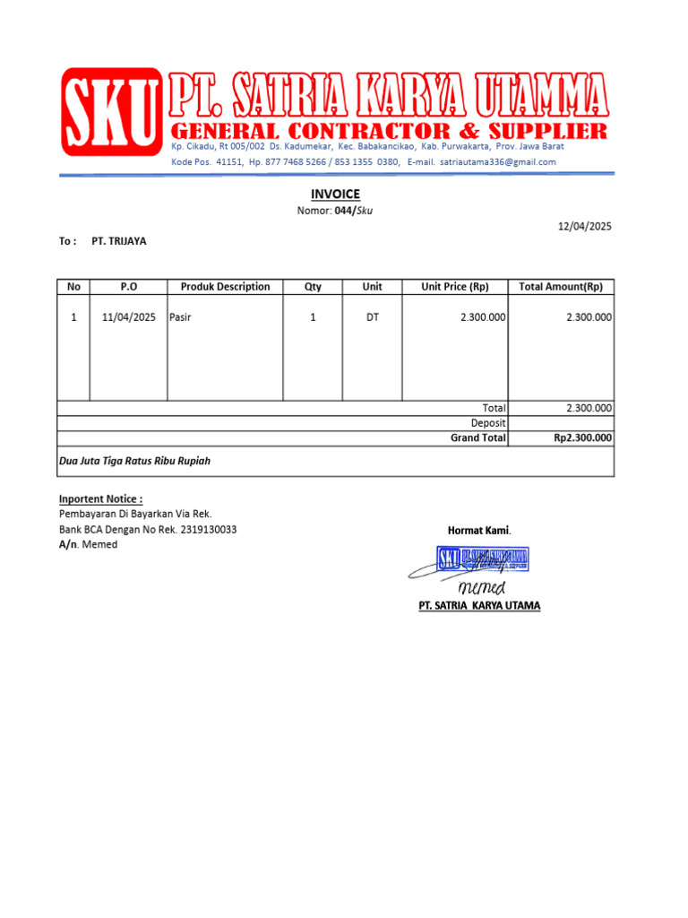 Invoice PT. Trijaya 044 | PDF