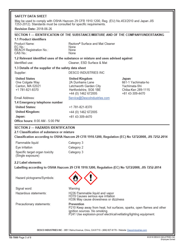 Reztore® ESD Surface Cleaner SDS | PDF | Polyvinyl Chloride ...