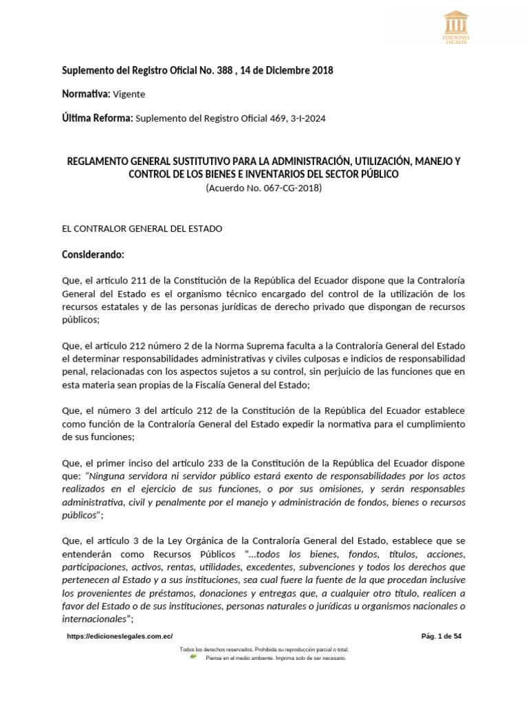 Reglamento General Sustitutivo para La Administración, Utilización, Manejo y Control de Los ...