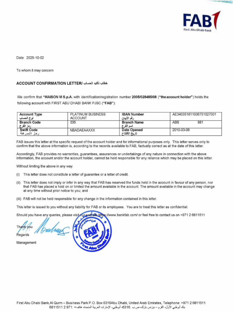 FAB Bank Account Confirmation Letter222 | PDF