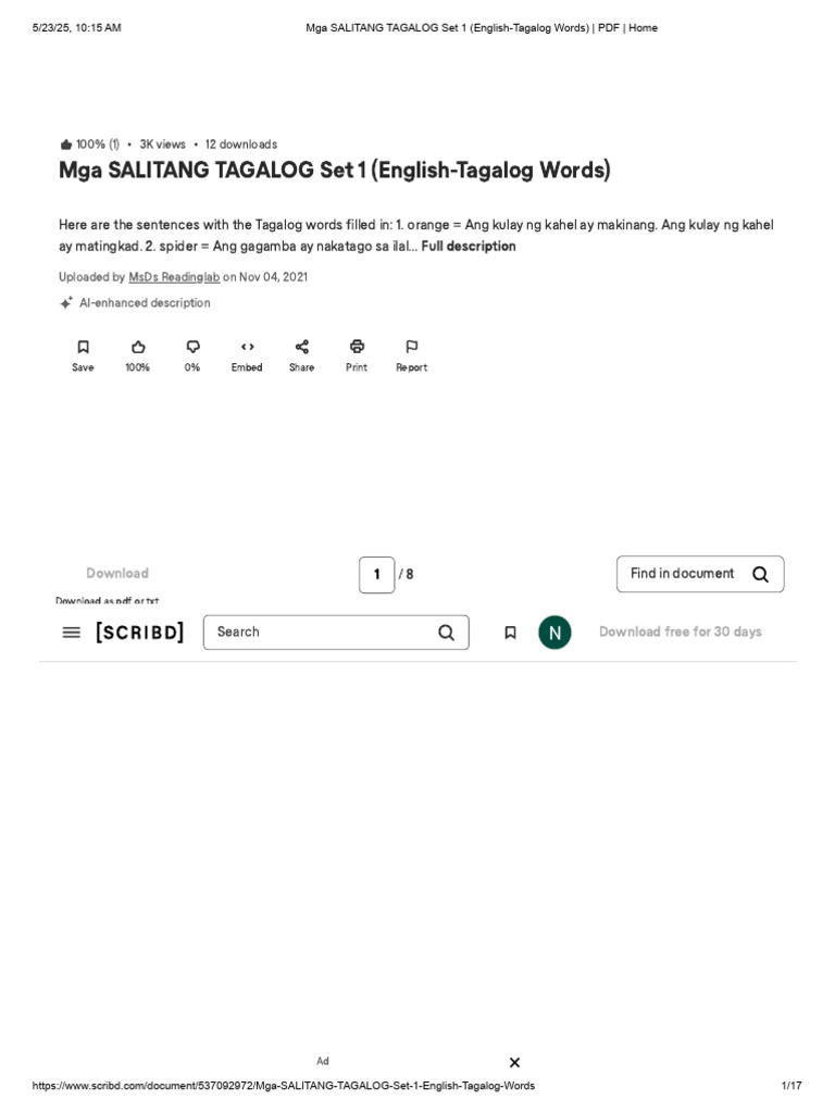 Mga Salitang Tagalog Set 1 (English-Tagalog Words) - PDF - Home | PDF ...