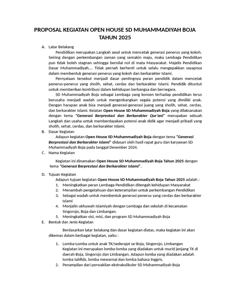 Proposal Kegiatan Open House SD Muhammadiyah Boja Tahun 2025 | PDF