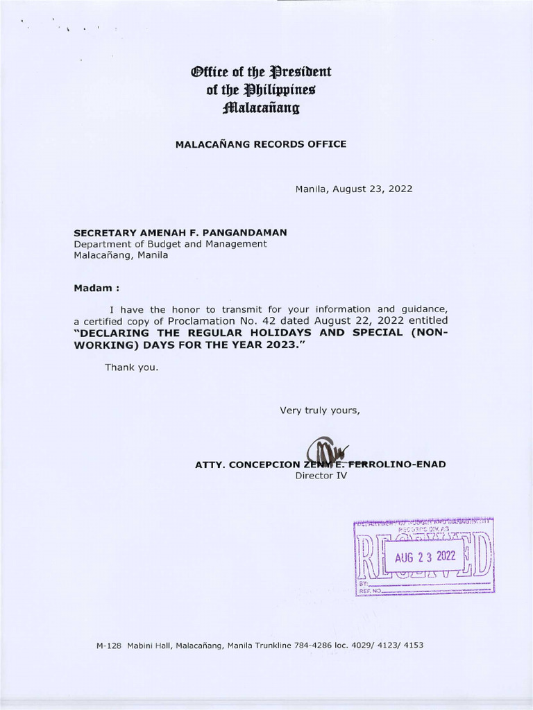 Proclamation No.42 Dated 22 August 2022 | PDF | Philippines | Observances