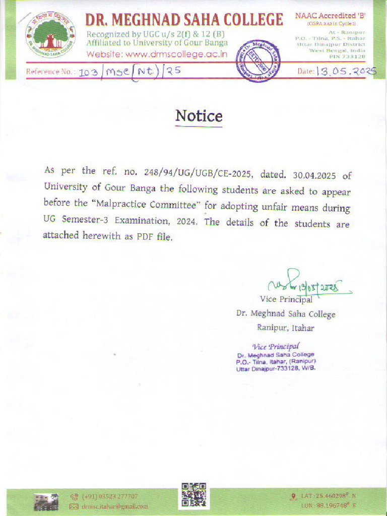 Notice For Appearing Before Malpractice Committee For Semester III 2024 | PDF | Doctoral Degrees ...