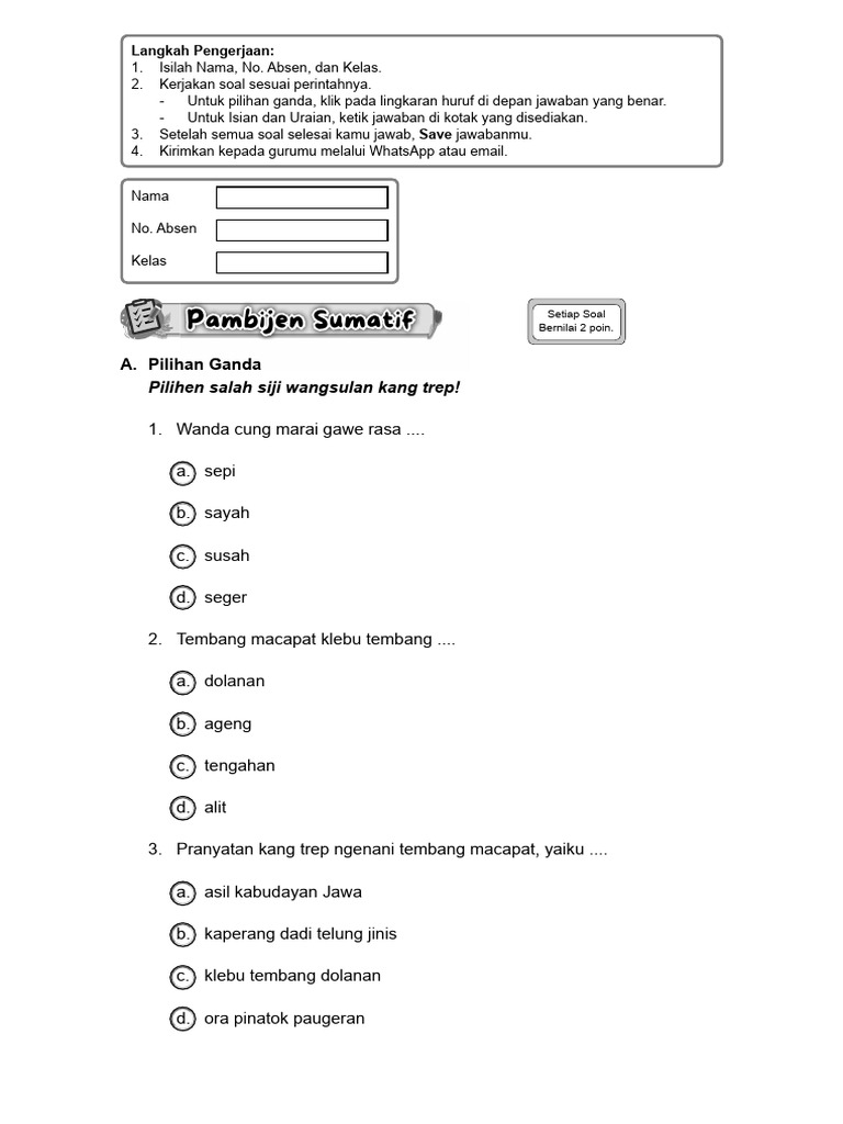 SD Bahasa Jawa 3 Penilaian Sumatif 5 | PDF