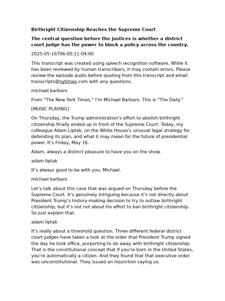 Birthright Citizenship Reaches The Supreme Court - Transcription Inglés | PDF | Supreme Court Of ...