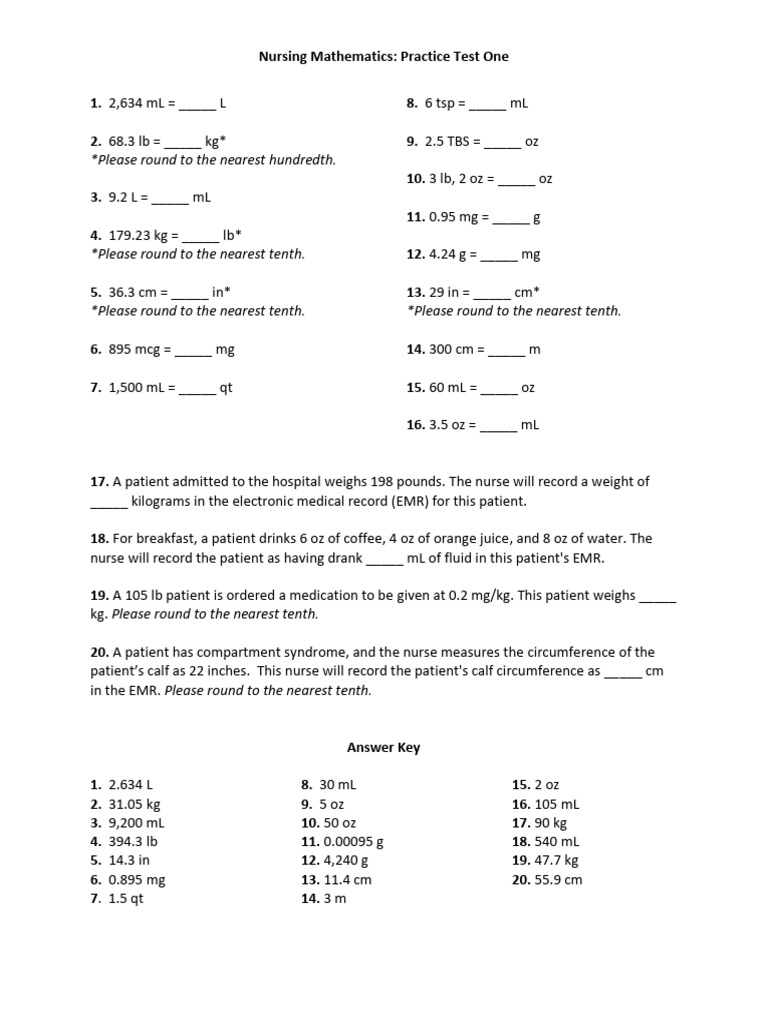 Nursing Mathematics Practice Test One | PDF