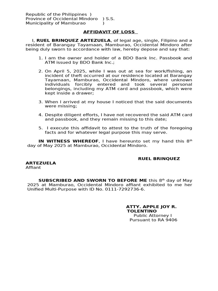 Affidavit of Loss for BDO Passbook | PDF