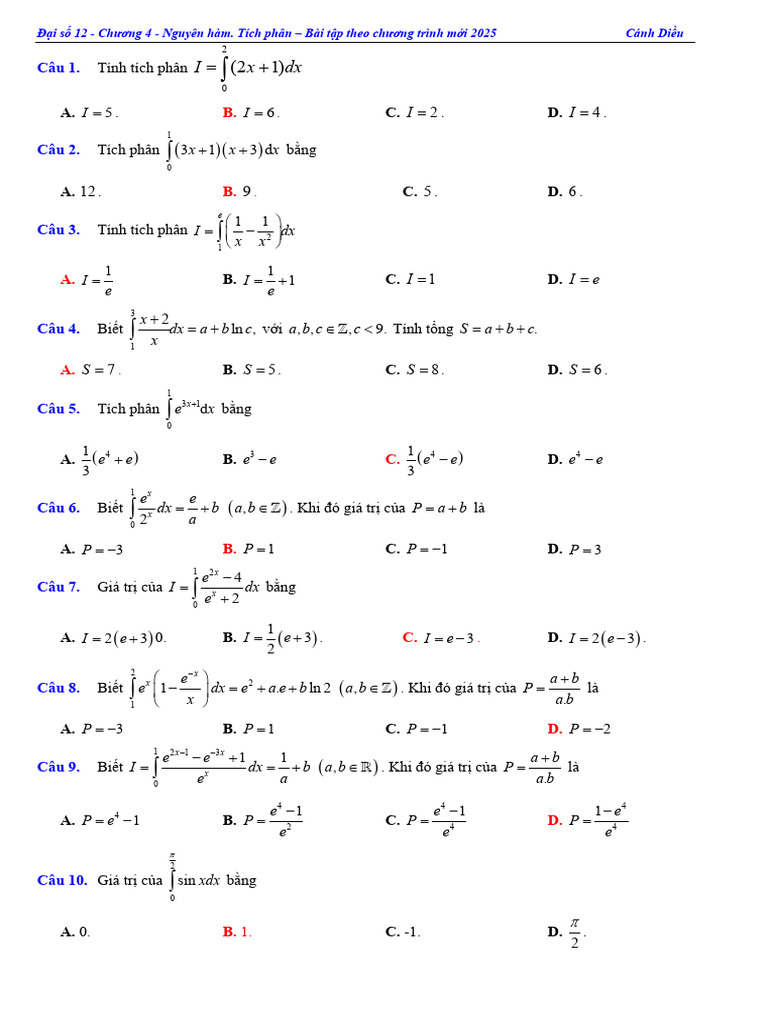 Bai Tap Tich Phan Toan 12 Canh Dieu | PDF
