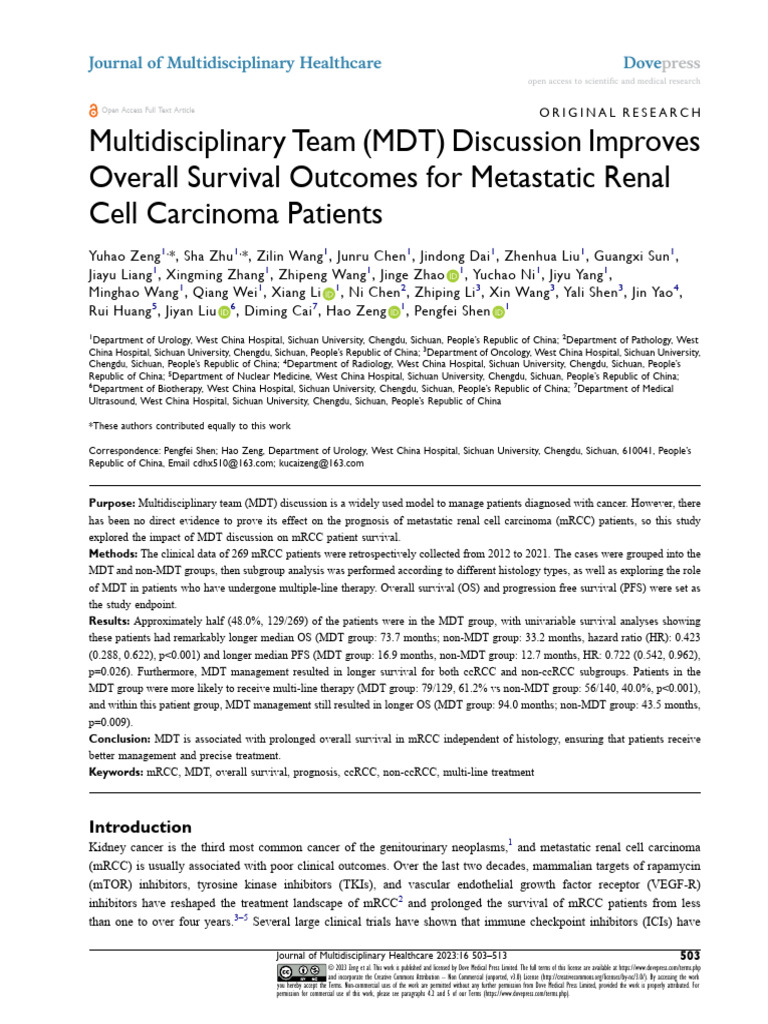 MDT Discussion Improves Overall Survival Outcomes For Metastatic Renal ...