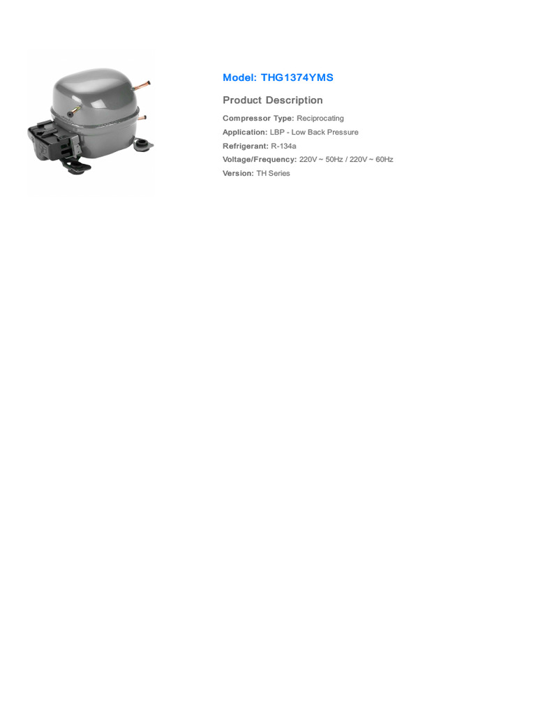 THG1374YMS Compressor Specifications | PDF | Refrigeration ...