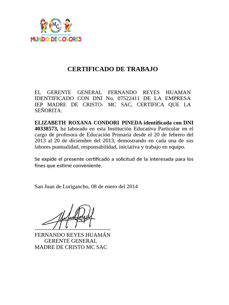 Certificado de Trabajo Roxana | PDF