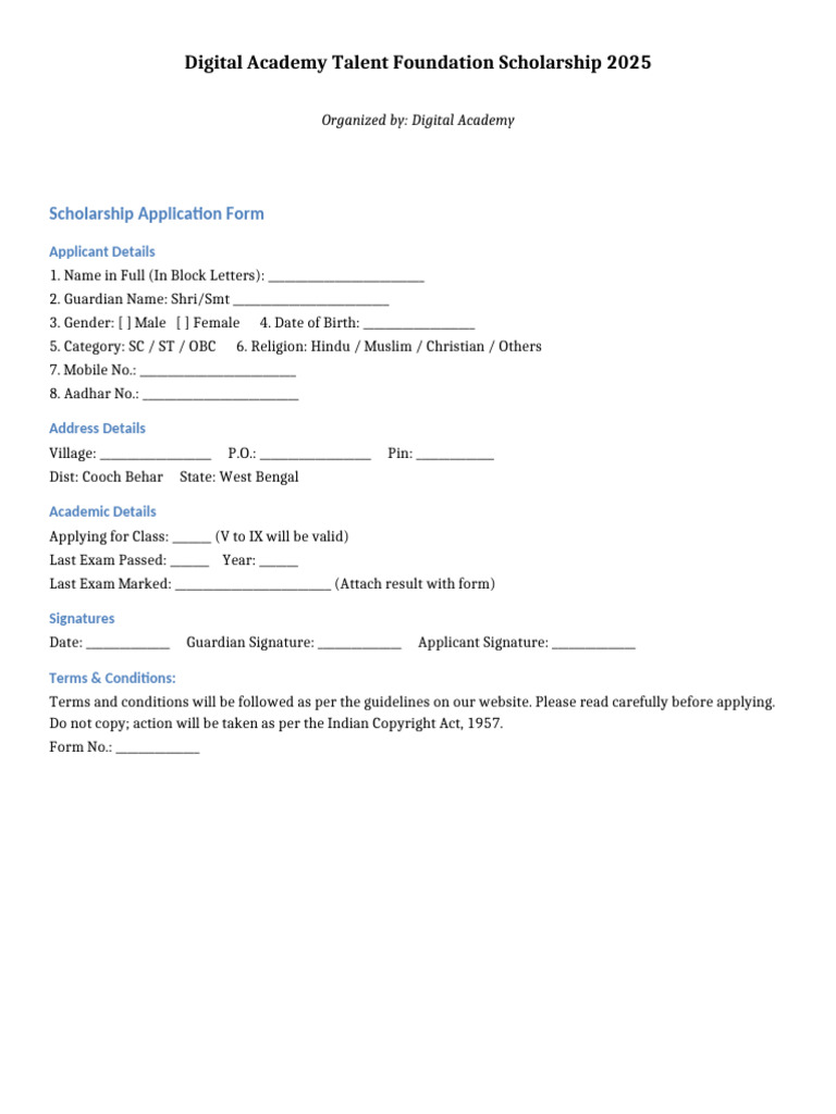 Scholarship Application Form One Page | PDF