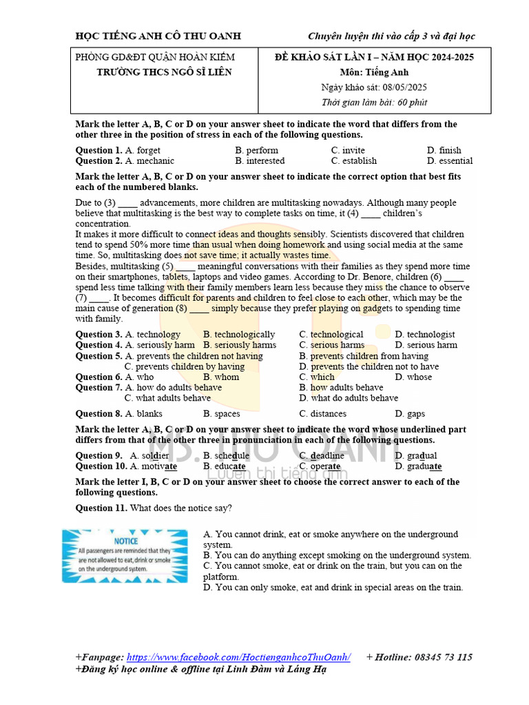 Đề NGÔ SĨ LIÊN Vào 10 Năm 2025 Cô Thu Oanh | PDF | Parking | Transport
