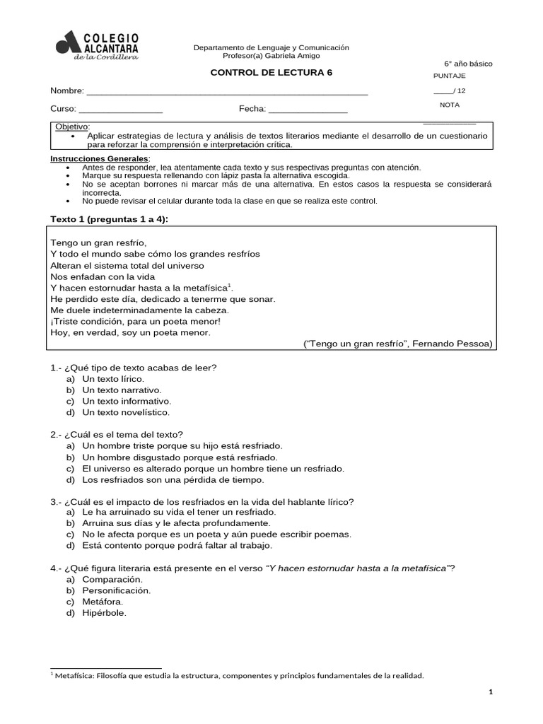 Control de Lectura para 6° Básico | PDF