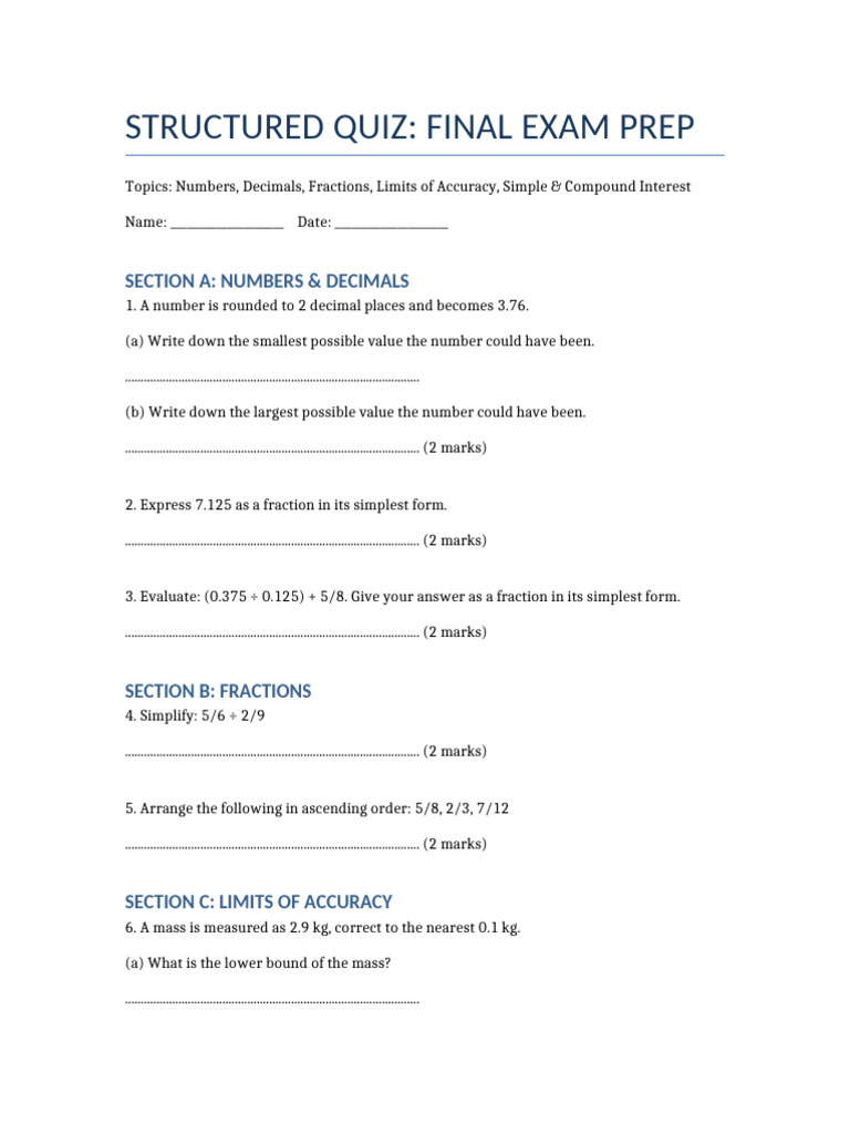 Structured Quiz Final Exam Prep | PDF | Significant Figures | Compound ...