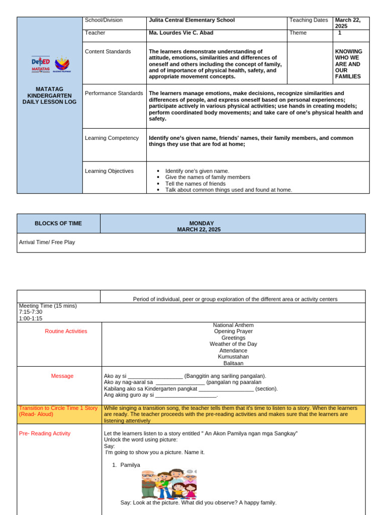 Kindergarten Lesson Plan Mtbmle | PDF | Learning
