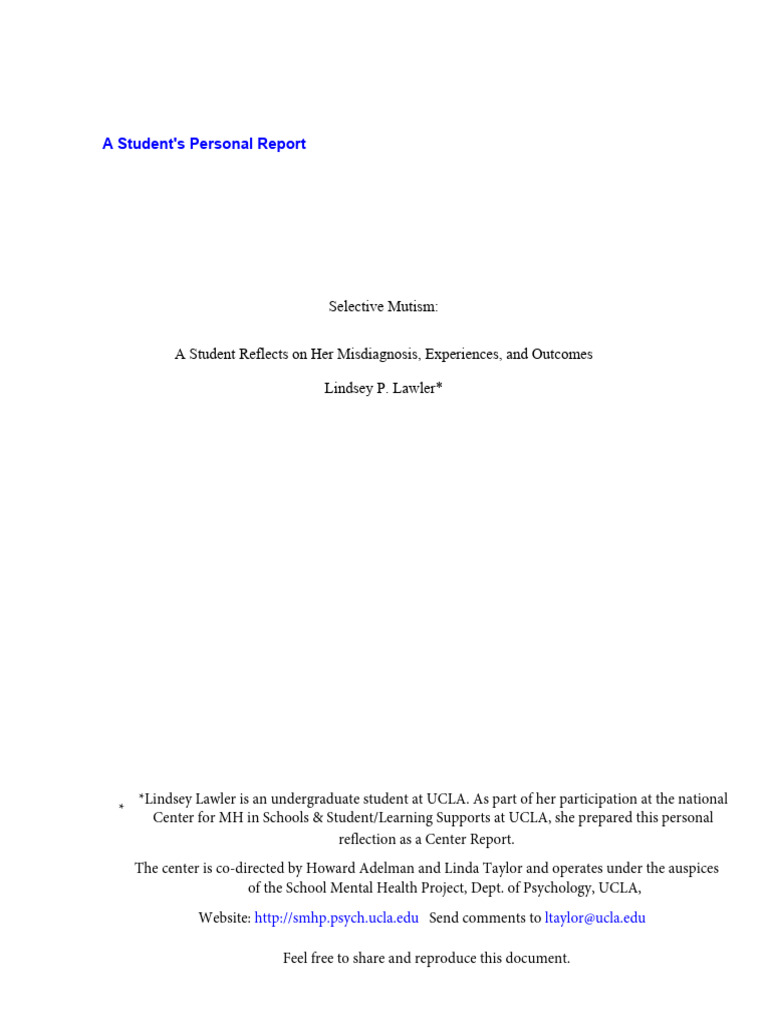 Selective Mutism Personal | PDF | Mental Disorder | Social Anxiety Disorder