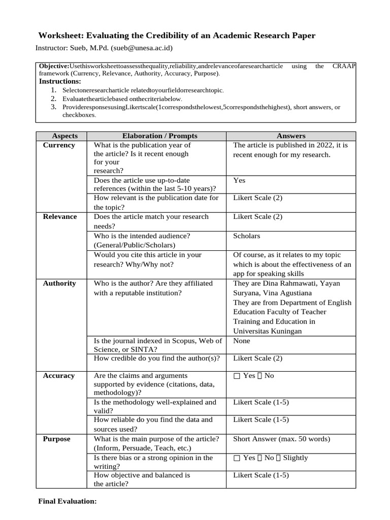 Worksheet - Evaluating The Credibility of An Academic Research Paper ...