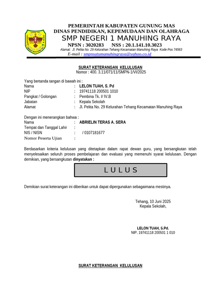 SRT Pemberitahuan Kelulusan A4 (Master) | PDF