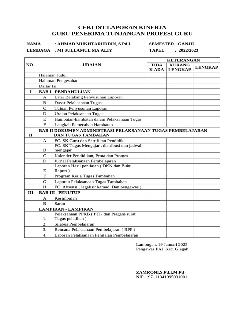 CEKLIST LAPORAN KINERJA | PDF