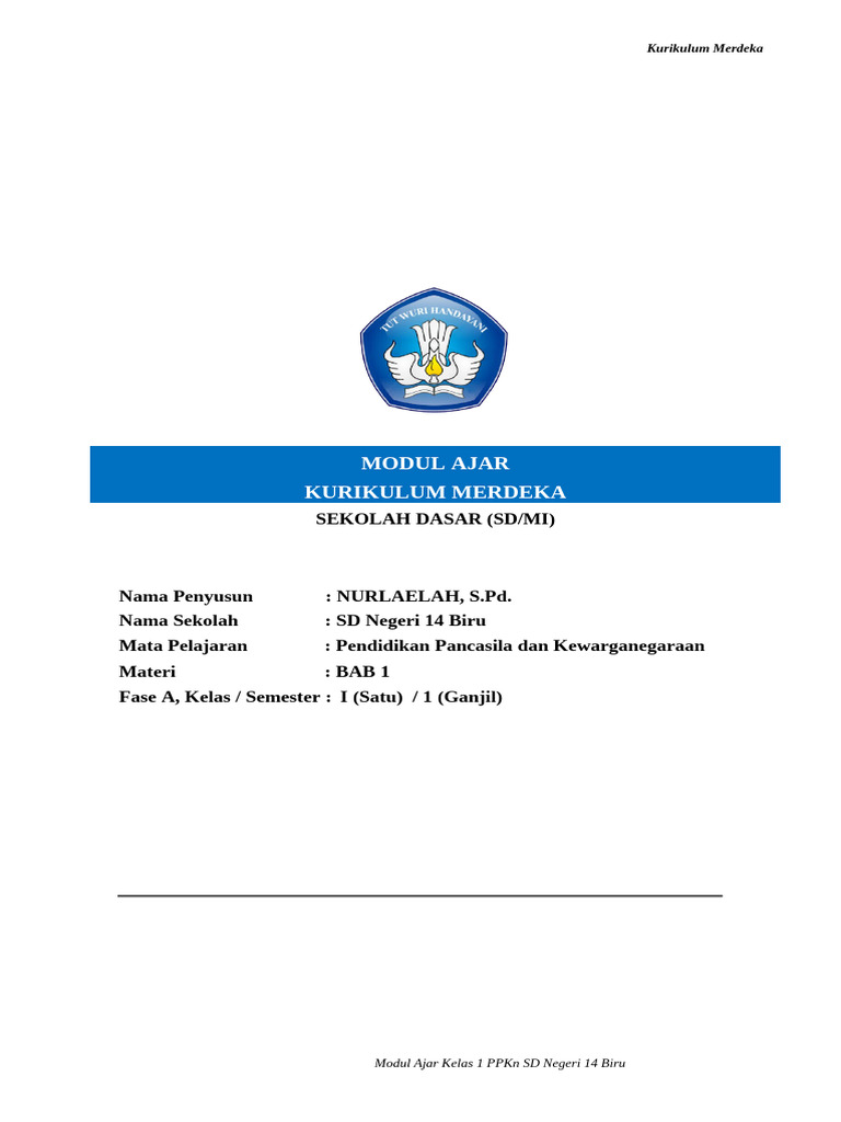 Modul Ajar PPKn Kelas 1 | PDF