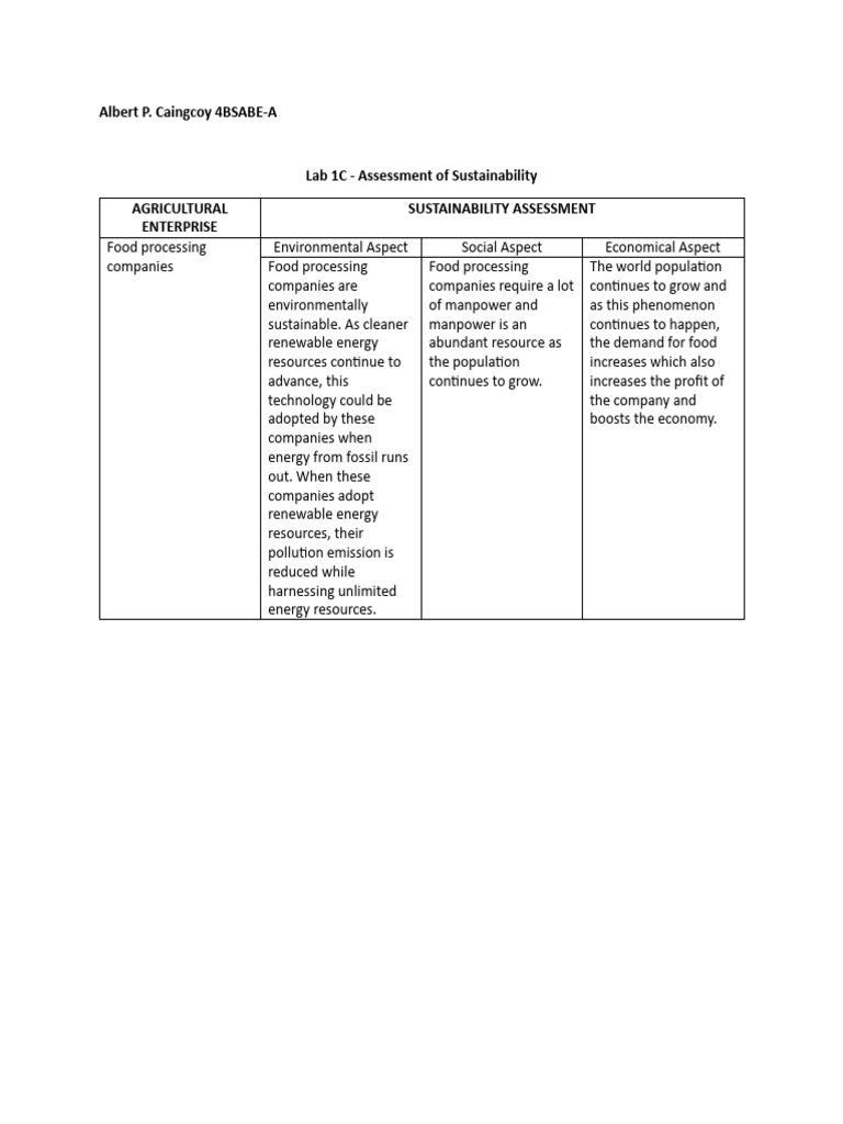 Lab 1C - Assessment of Sustainability | PDF