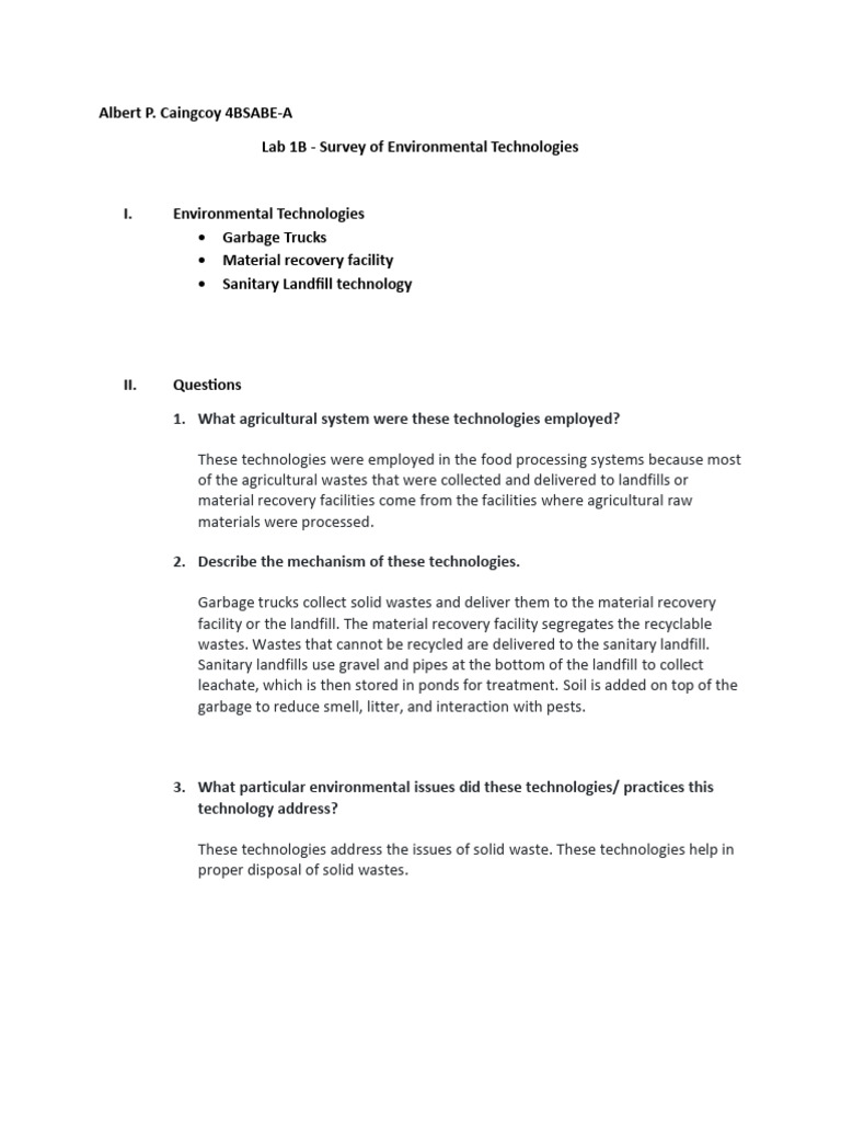 Lab 1B - Survey of Environmental Technologies | PDF