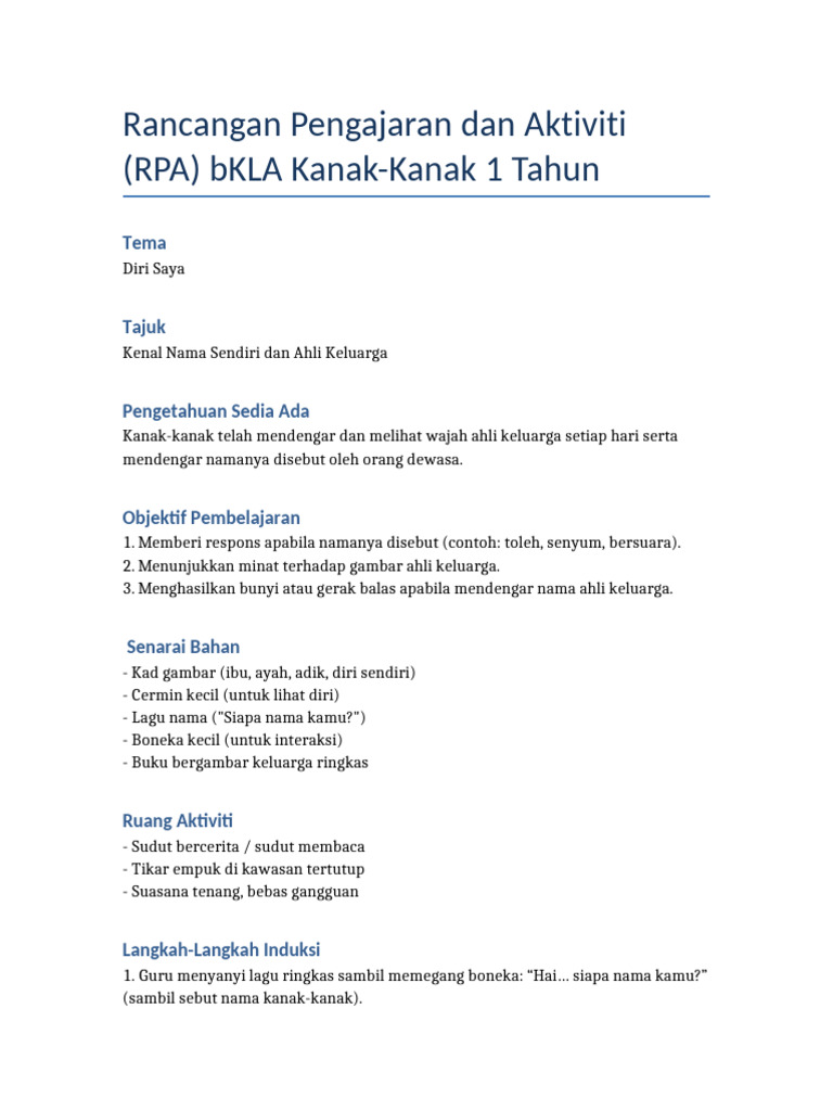 RPA bKLA 1 Tahun | PDF