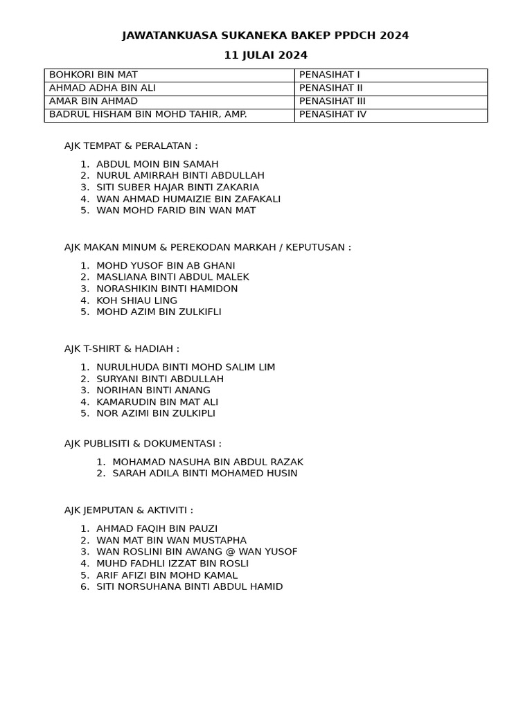 JAWATANKUASA SUKANEKA BAKEPC PPDCH 2024 | PDF